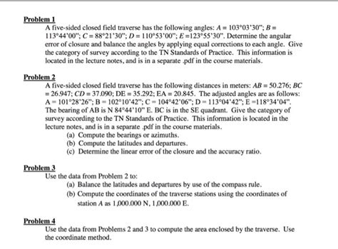 solved problem 1 a five sided closed field traverse has the