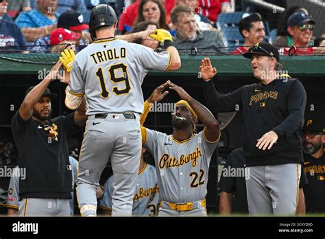 Pittsburgh Pirates Jared Triolo 19 Is Greeted By Teammates In The