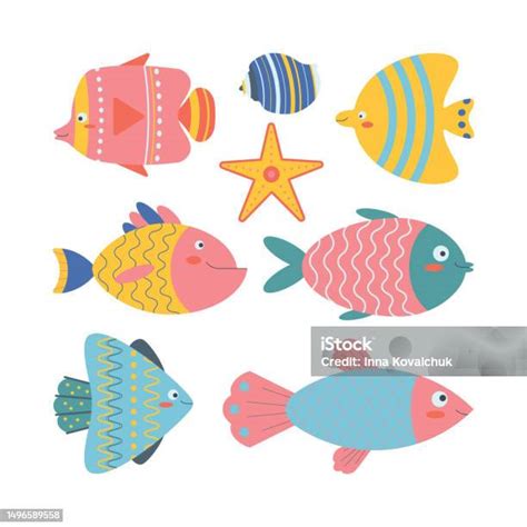 해양 요소 불가사리 물고기 조개껍데기 세트가 평평한 만화 스타일로 되어 있습니다 개념에 대한 스톡 벡터 아트 및 기타 이미지 개념 그래픽 프린트 낙서 드로잉 Istock