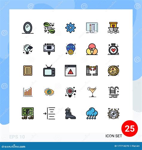 Group Of 25 Modern Filled Line Flat Colors Set For Ship Lab Cog Fab Build Stock Vector