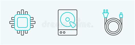 Set Line Electric Plug Processor With Cpu And Hard Disk Drive Hdd Icon Vector Stock Vector