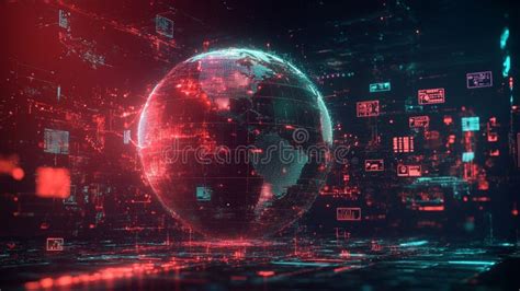 Digital Global Network Red Teal Futuristic Technology World Data Sphere Grid Globe Cyber Space