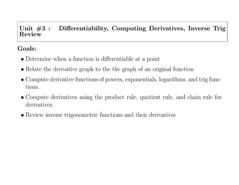 Calc Unit 3 Notes Unit 3 Di↵erentiability Computing Derivatives Inverse Trig Review Goals