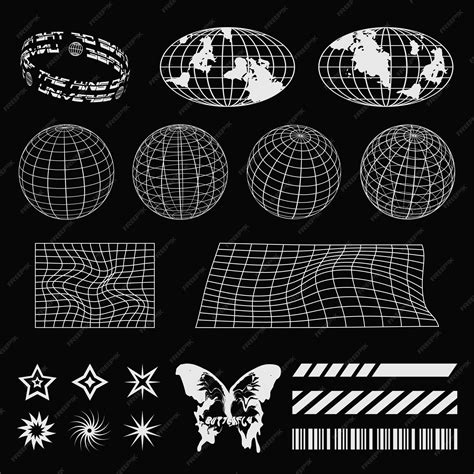 글로브 3d 와이어프레임 그래픽 글로브 그리드 분야 패션 디자인을 위한 거리 착용 요소 프리미엄 벡터