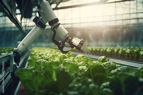 Robot Arm Watering Vegetables Hydroponics Smart Farming With Ai Generated Stock Illustration