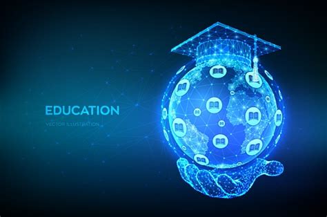 E러닝 개념 온라인 교육 손에 행성 지구 지구 모델지도에 추상 낮은 다각형 졸업 모자 원거리 대학원 증명서 프로그램 기술 개발 벡터 그림입니다 교습에 대한 스톡 벡터 아트