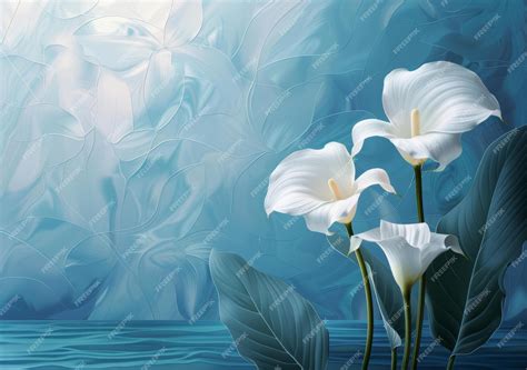Three White Calla Lilies Against A Blue Textured Background Premium