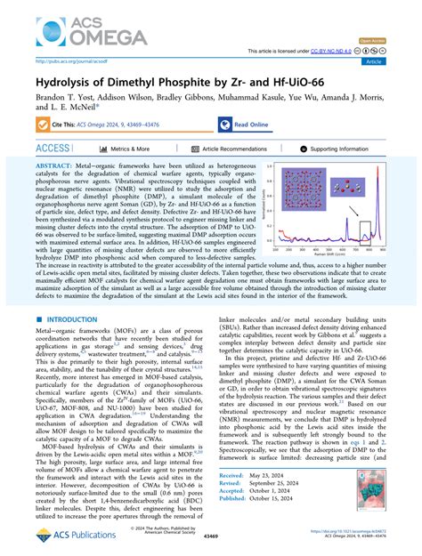 Pdf Hydrolysis Of Dimethyl Phosphite By Zr And Hf Uio 66