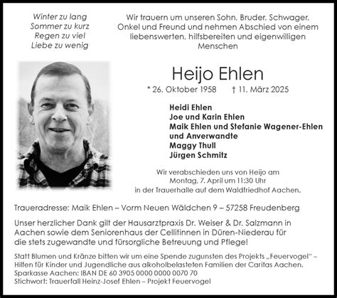 Traueranzeigen Von Heijo Ehlen Aachen Gedenkt