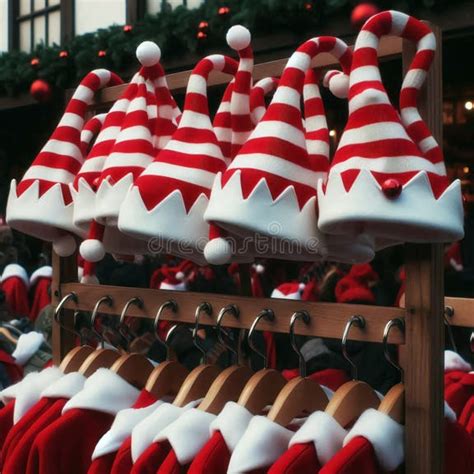 Christmas Elves Hats Hanging On Rack Waiting For Holiday Season Stock