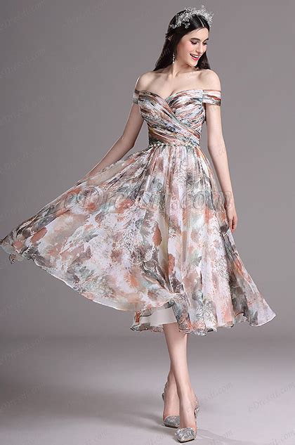 Floral Printed Off Shoulder Tea Length Summer Day Dress X04152168