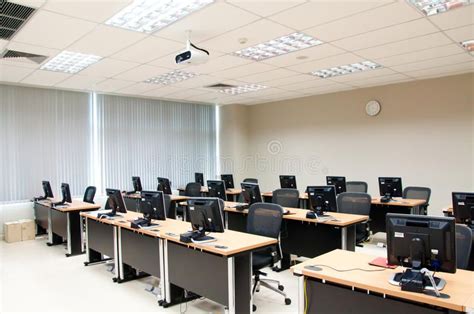 Computer Classroom With Multiple Machines Empty Classroom With Desks