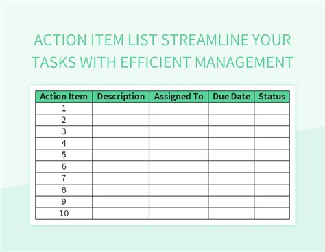 Action Item List Streamline Your Tasks With Efficient Management Excel Template And Google ...