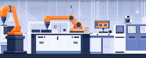 Modern Industrial Robotics Equipment In A Factory Automation Setup With Robotic Arms Computers