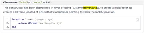 Is Cframenewvector3 Position Vector3 Lookat Actually Deprecated