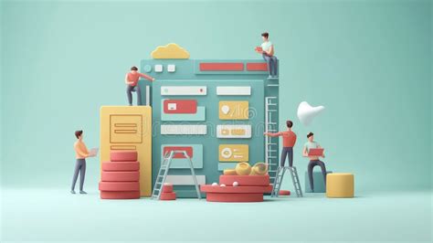 Team Of Tiny Figures Building A Digital Interface In A Playful Scene Stock Illustration