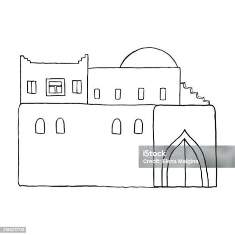 예루살렘 또는 아랍 구시 가지 거리 도시 풍경 흑인과 백인 평면 선 벡터 그림 중동의 미니멀리스트 주택 풍경 이슬람 건축 스케치