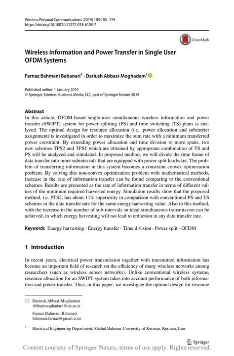 Wireless Information And Power Transfer In Single User Ofdm Systems Request Pdf