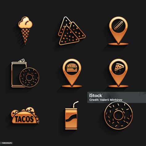 햄버거 소다 캔 마시는 빨대 도넛 슬라이스 피자 타코 토르티야 알루미늄 소다와 도넛 핫도그 및 아이스크림 와플 콘 아이콘으로 위치를 설정합니다 벡터 검은색에 대한 스톡 벡터