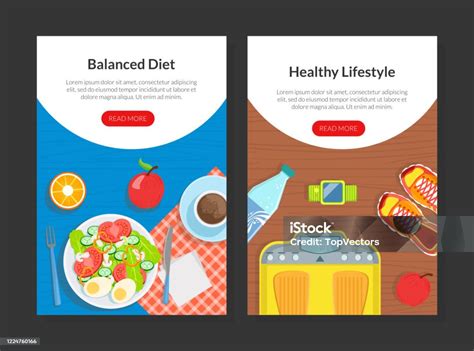 균형 잡힌 다이어트 건강한 라이프 스타일 방문 페이지 템플릿 세트 영양 계획 해독 프로그램 모바일 앱 홈페이지 플랫 벡터 일러스트 개념에 대한 스톡 벡터 아트 및 기타