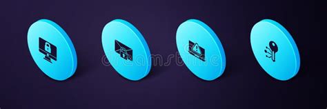 Set Isometric Cryptocurrency Key Laptop With Exclamation Mark Mail Message Lock Password And