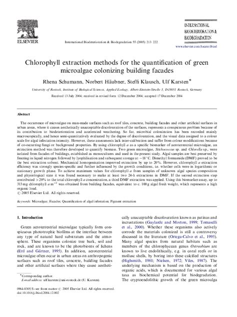 Pdf Chlorophyll Extraction Methods For The Quantification Of Green Microalgae Colonizing