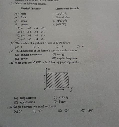 Match The Following Columns Physical Quantity Dimensional Formula 3 The