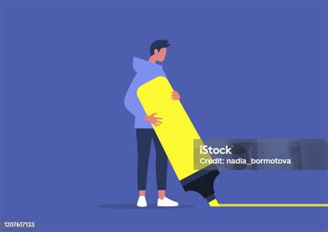 거대한 형광펜으로 젊은 남성 캐릭터 그리기 텍스트 밑줄 직장에서 밀레니엄 세대 형광펜에 대한 스톡 벡터 아트 및 기타 이미지