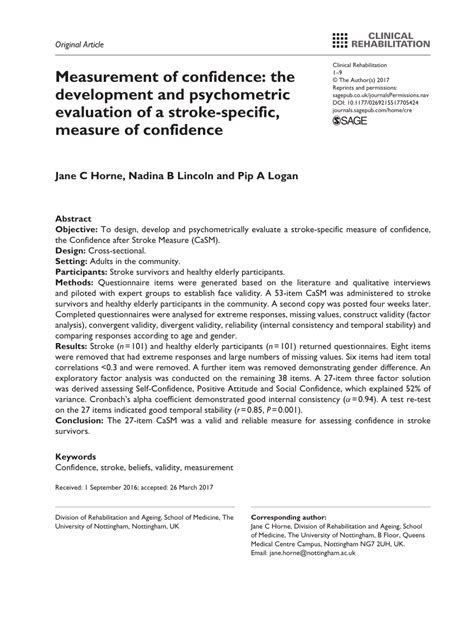Pdf Measurement Of Confidence The Development And Psychometric Evaluation Of A Stroke