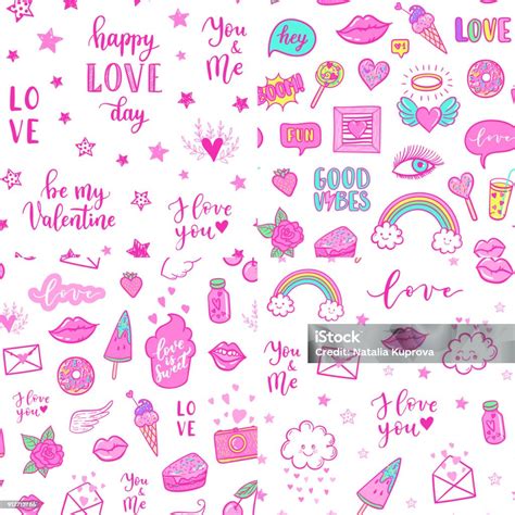 원활한 벡터 패턴 패션 설정 패치 재미 입술 딸기 케이크 카메라 배경 인쇄를 사랑 하는 팝 아트 핑크 사랑 스러운 스티커 결혼식