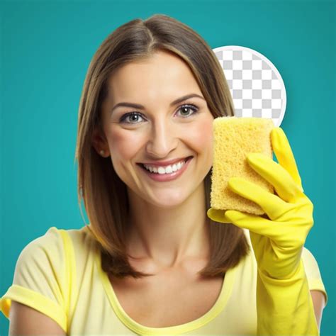 Joven Criada Con Delantal Y Guantes De Goma Sosteniendo Dos Esponjas Limpias En Las Manos