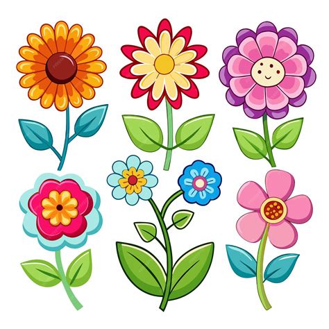 Six Colorful Cartoon Flowers With Stems And Leaves Isolated On White