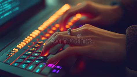 female hacker woman typing on a laptop notebook keyboard accessing the