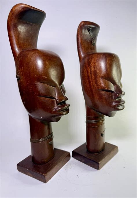 Vintage Carved Wood Busts Mid Century Modern Tribal Sculptures Etsy