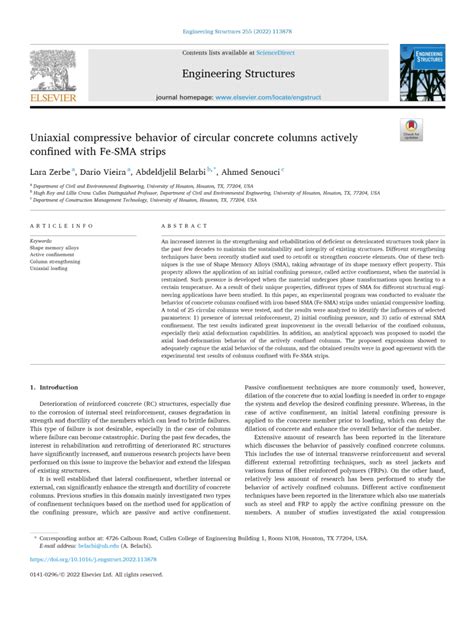 Pdf Uniaxial Compressive Behavior Of Circular Concrete Columns Actively Confined With Fe Sma