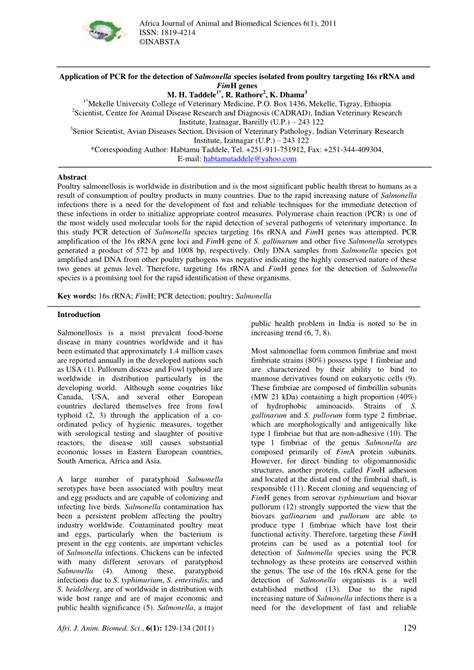Pdf Application Of Pcr For The Detection Of Salmonella Species Isolated From Poultry Targeting
