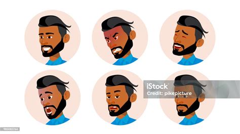 아랍 남자 아바타 사람 벡터입니다 아랍 무슬림 만화 감정입니다 평면 잘생긴 매니저입니다 행복 불행 웃음 분노 만화 캐릭터 그림 검은색에 대한 스톡 벡터 아트 및 기타 이미지