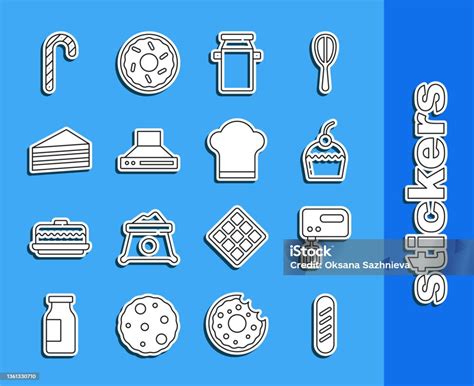 세트 라인 프렌치 바게트 빵 전기 믹서 케이크 우유 주방 추출기 팬 크리스마스 사탕 지팡이와 요리사 모자 아이콘 캔 용기 벡터 가방에 대한 스톡 벡터 아트 및 기타 이미지