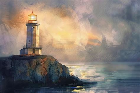 Generative Ai On Theme Of Large Retro Lighthouse With Beam Of Bright