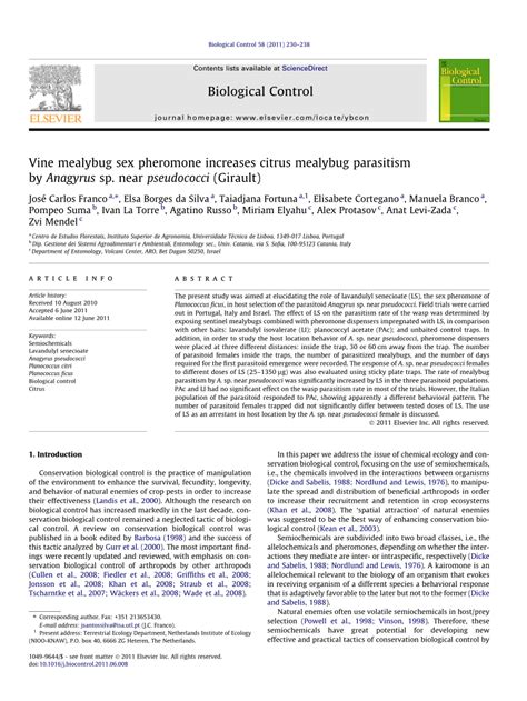 Pdf Vine Mealybug Sex Pheromone Increases Citrus Mealybug Parasitism By Anagyrus Sp Near