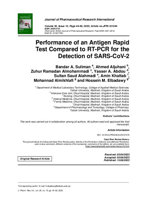 pdf performance of an antigen rapid test compared to rt pcr for the