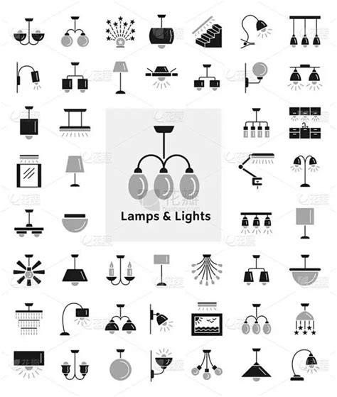不同种类的墙壁、天花板、台灯和落地灯。家庭照明。现代灯具。吊灯 扭矩和吊坠。平面图标集合 花瓣网