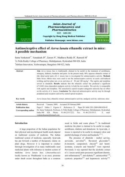 Antinociceptive Effect Of Aerva Lanata Ethanolic Extract In Mice A