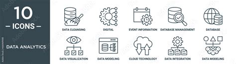Data Analytics Outline Icon Set Includes Thin Line Data Cleansing Digital Event Information