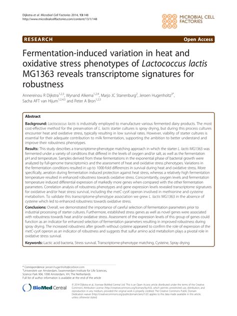 Pdf Fermentation Induced Variation In Heat And Oxidative Stress Phenotypes Of Lactococcus