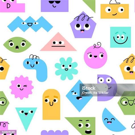 원활한 기하학적 모양 문자 패턴입니다 재미있는 얼굴 긍정적인 감정 벡터 반복 배경을 가진 다양한 색상의 수학 수치 교육에 대한 스톡 벡터 아트 및 기타 이미지 Istock