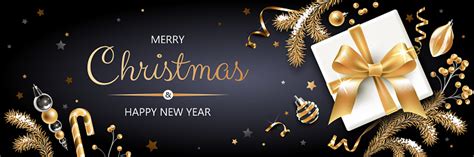 금과 은 크리스마스 기호와 텍스트와 수평 배너입니다 검은 배경에 크리스마스 트리 선물 장식 및 기타 축제 요소 12월에 대한 스톡 벡터 아트 및 기타 이미지 Istock