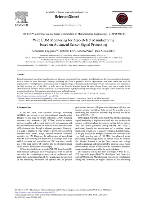 Pdf Wire Edm Monitoring For Zero Defect Manufacturing Based On Advanced Sensor Signal Processing