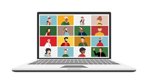 메리 크리스마스와 새해 복 많은 새해를 기원하는 사람들은 2022 년 화상 통화 또는 웹 컨퍼런스를 통해 휴일을 축하하고 선물을 제공합니다 웹 배너 포스터에 대한 플랫 벡터