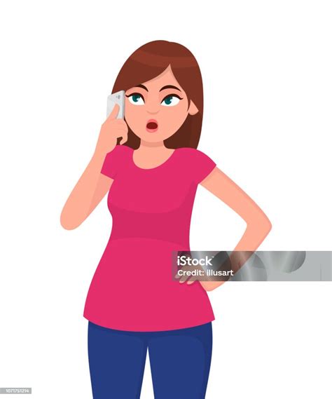 사려 깊고 아름 다운 젊은 여자 엉덩이에 손을 잡고 올려 고 생각 하는 동안 스마트 폰 이야기 현대적인 라이프 스타일과 통신 개념 그림 벡터 만화 플랫 스타일 감정에 대한